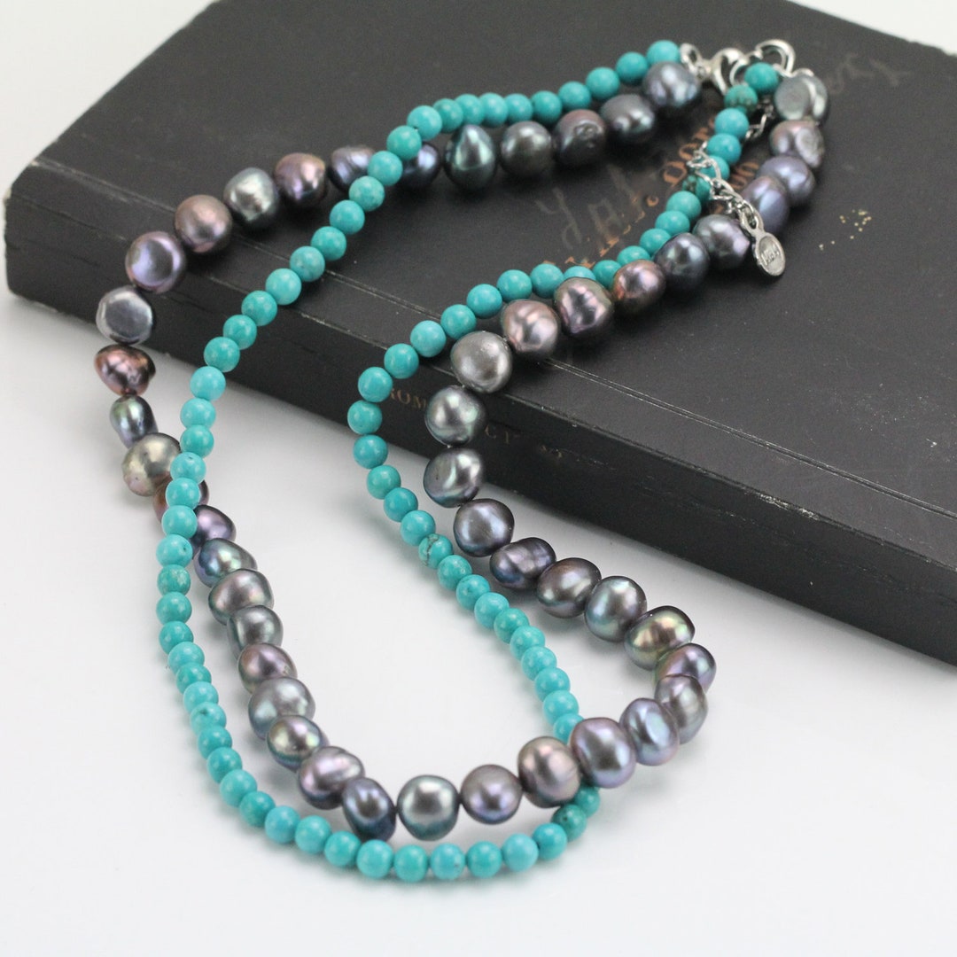 Pearl and Turquoise Necklace,freshwater Black Pearl Necklace Jewelry ...
