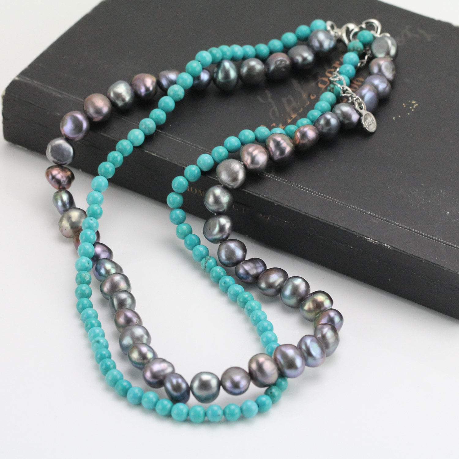 Pearl and turquoise necklacefreshwater black pearl necklace | Etsy