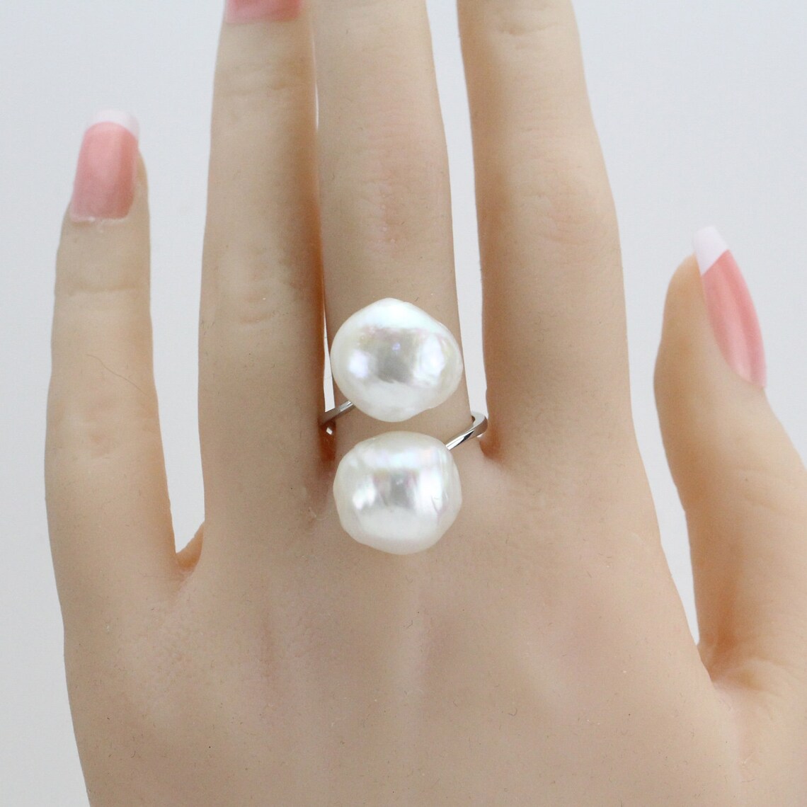 Double pearl ringsilver 925 open ring pearl12-13mm | Etsy