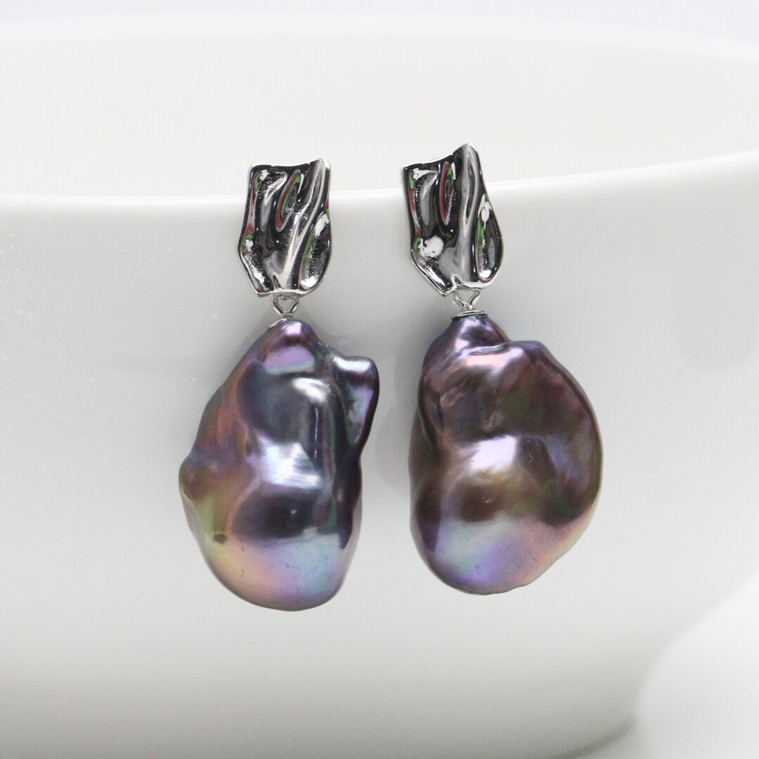 Large Peacock Black Color Baroque Pearl Earrings,sterling Silver 925 ...