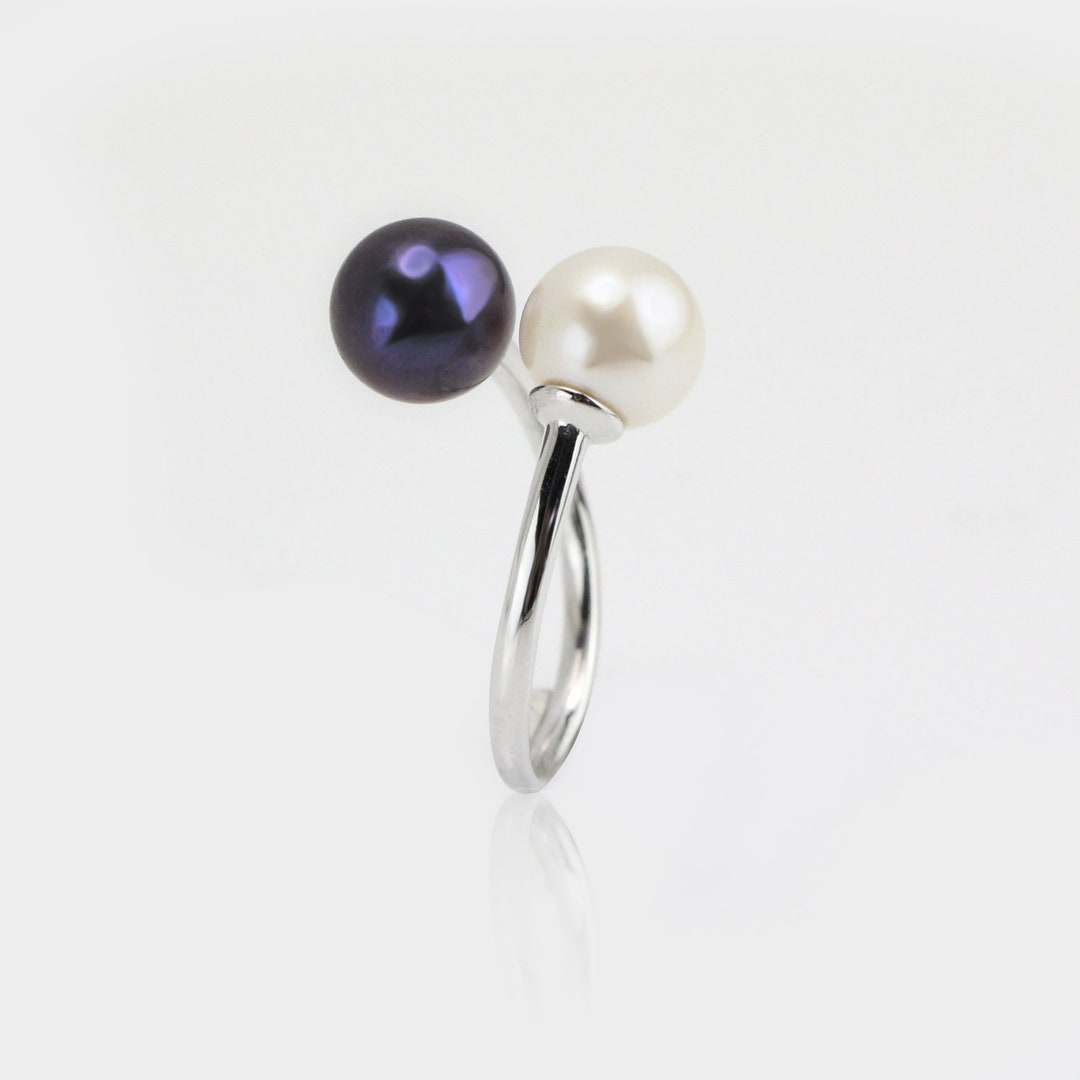 Double Pearl Ring,sterling Silver Open Ring Pearl,white and Black Pearl ...