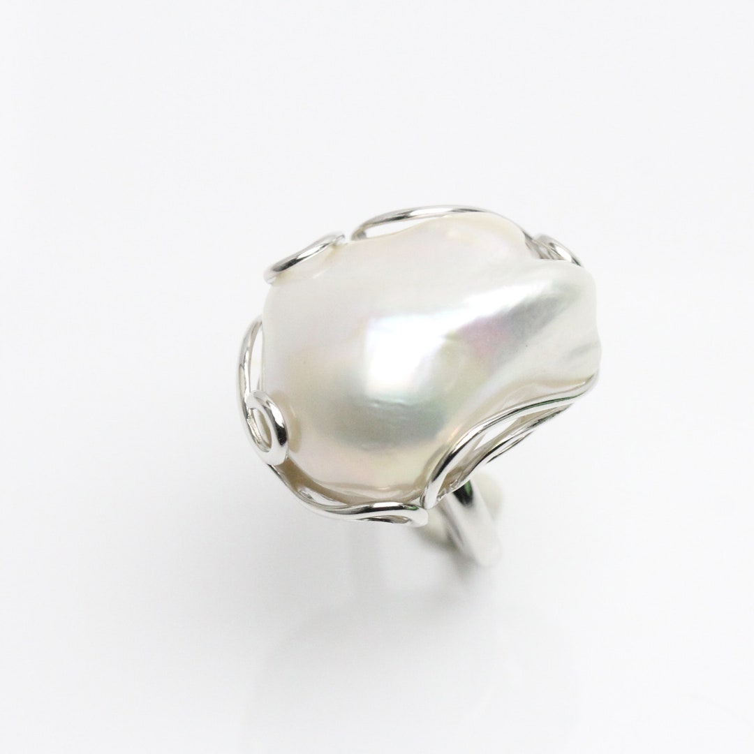Large Baroque Pearl Ring,nucleated Freshwater White Flamballpearl ...