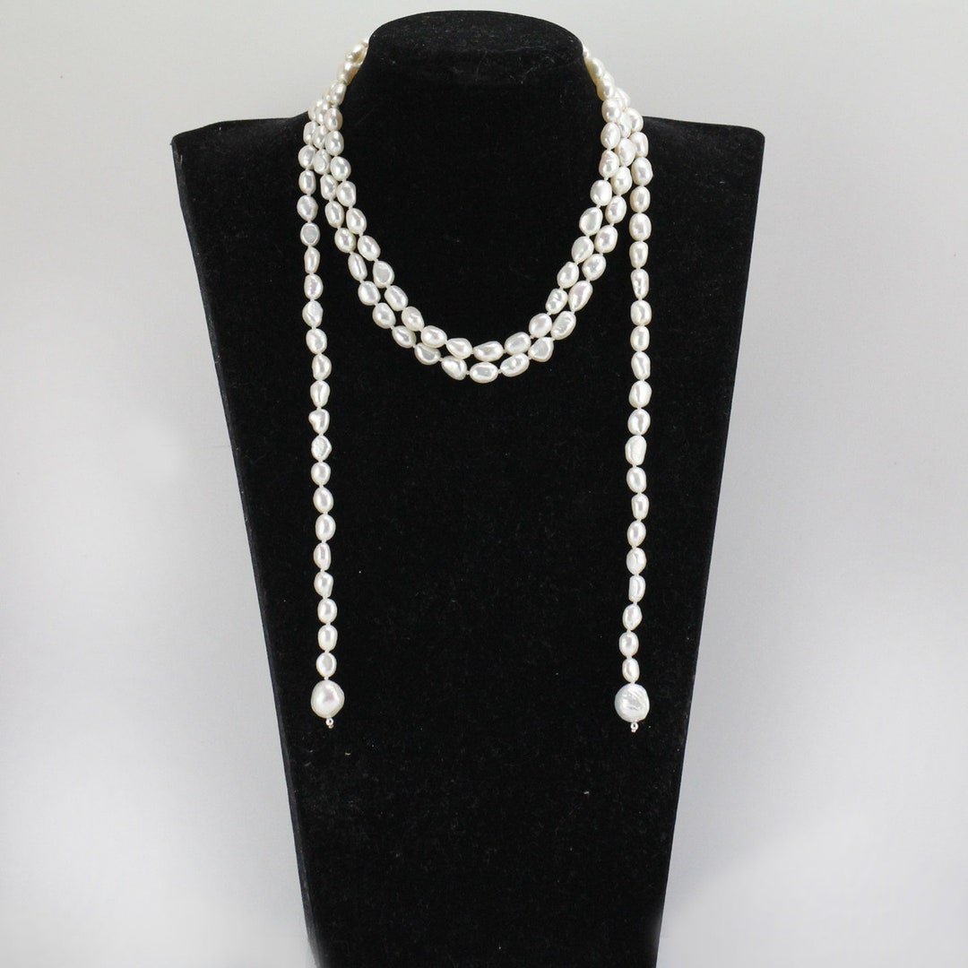 55inch Pearl Lariat Necklace Extra Long Baroque Pearl Necklace White