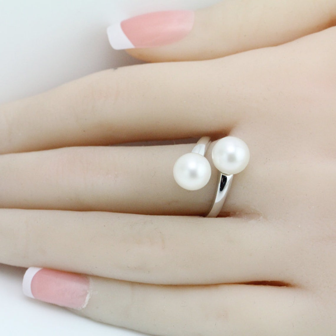 Double Pearl Ringsterling Silver Open Ring Pearlsimple - Etsy