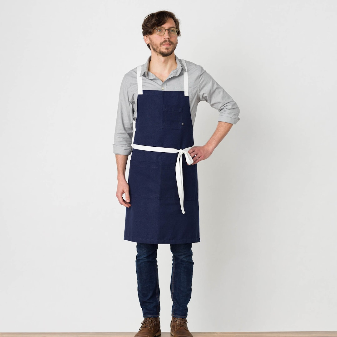 Cross Back Chef Apron for Men, Women | Navy Blue Cotton Canvas With ...