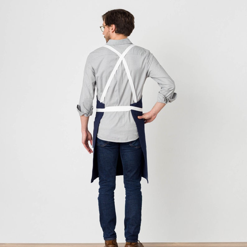Cross Back Chef Apron for Men, Women | Navy Blue Cotton Canvas With ...