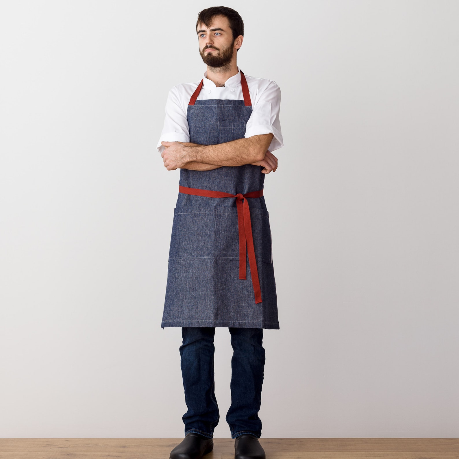 Chef Apron Blue Denim With Red Straps and Pockets | Hand Loomed | 100% ...