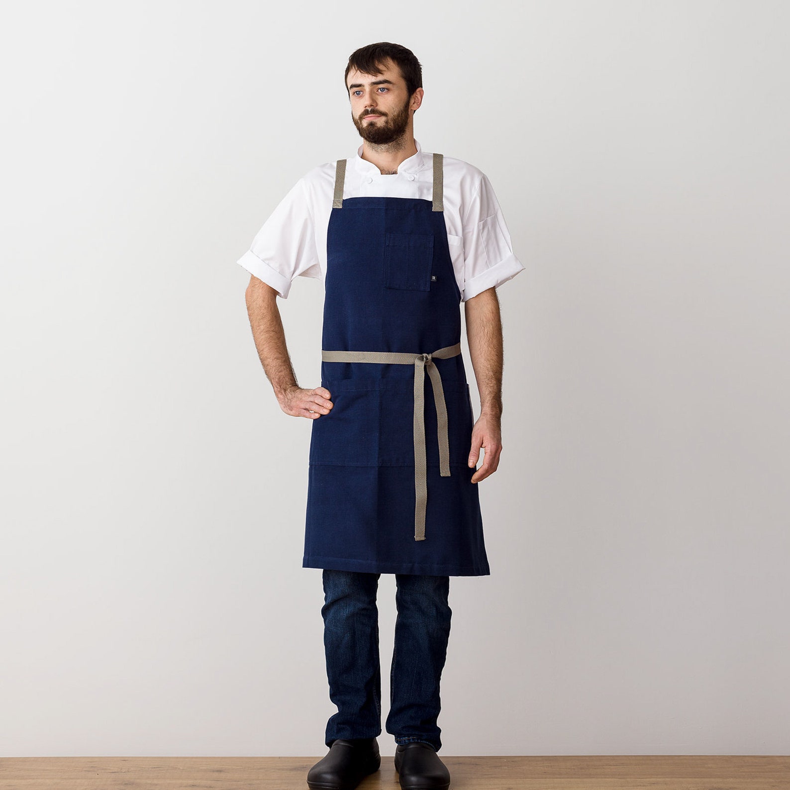 Cross Back Chef Apron for Men, Women | Navy Blue Cotton Canvas With Tan ...