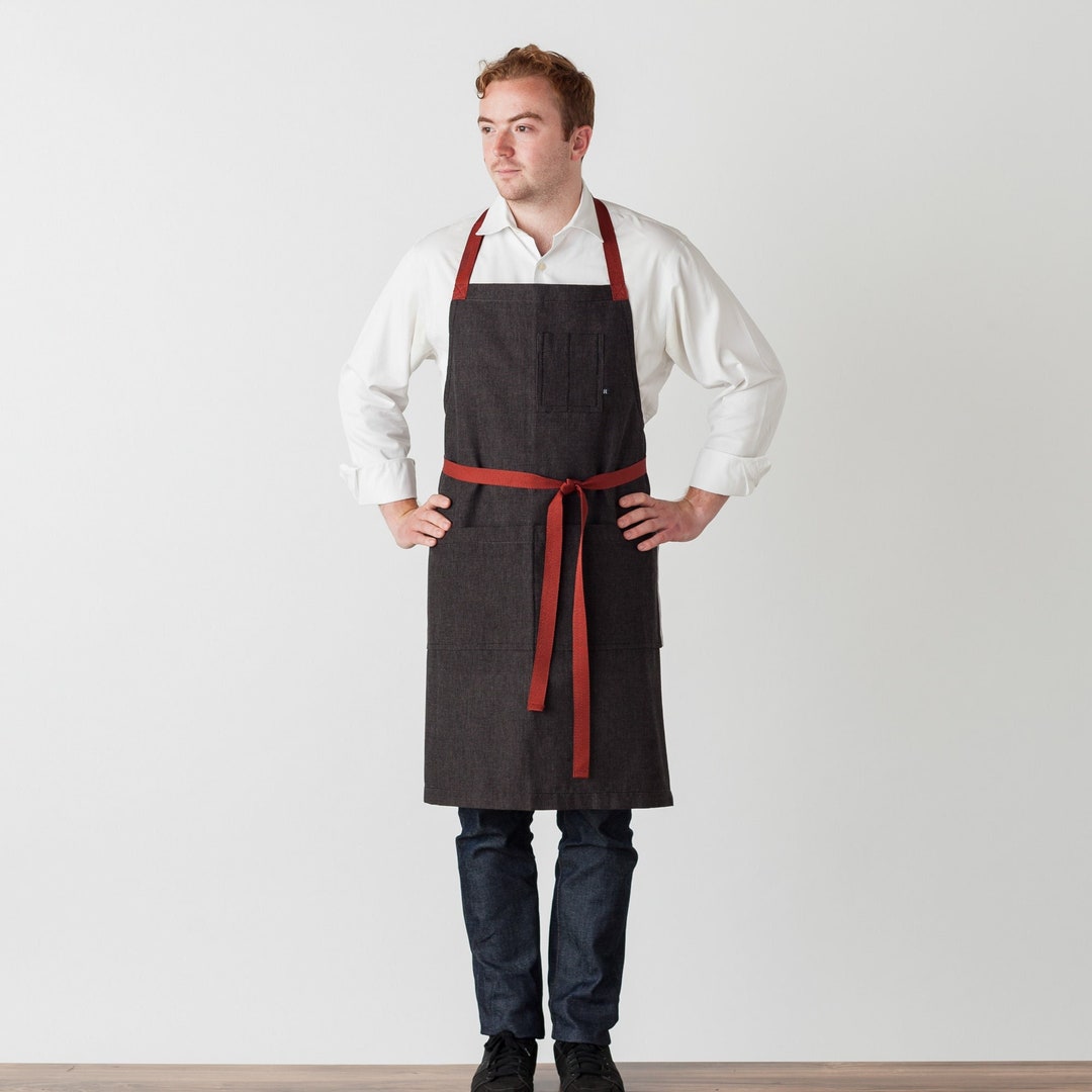 Crossback Chef Apron for Men & Women | Charcoal Black Canvas With Red ...