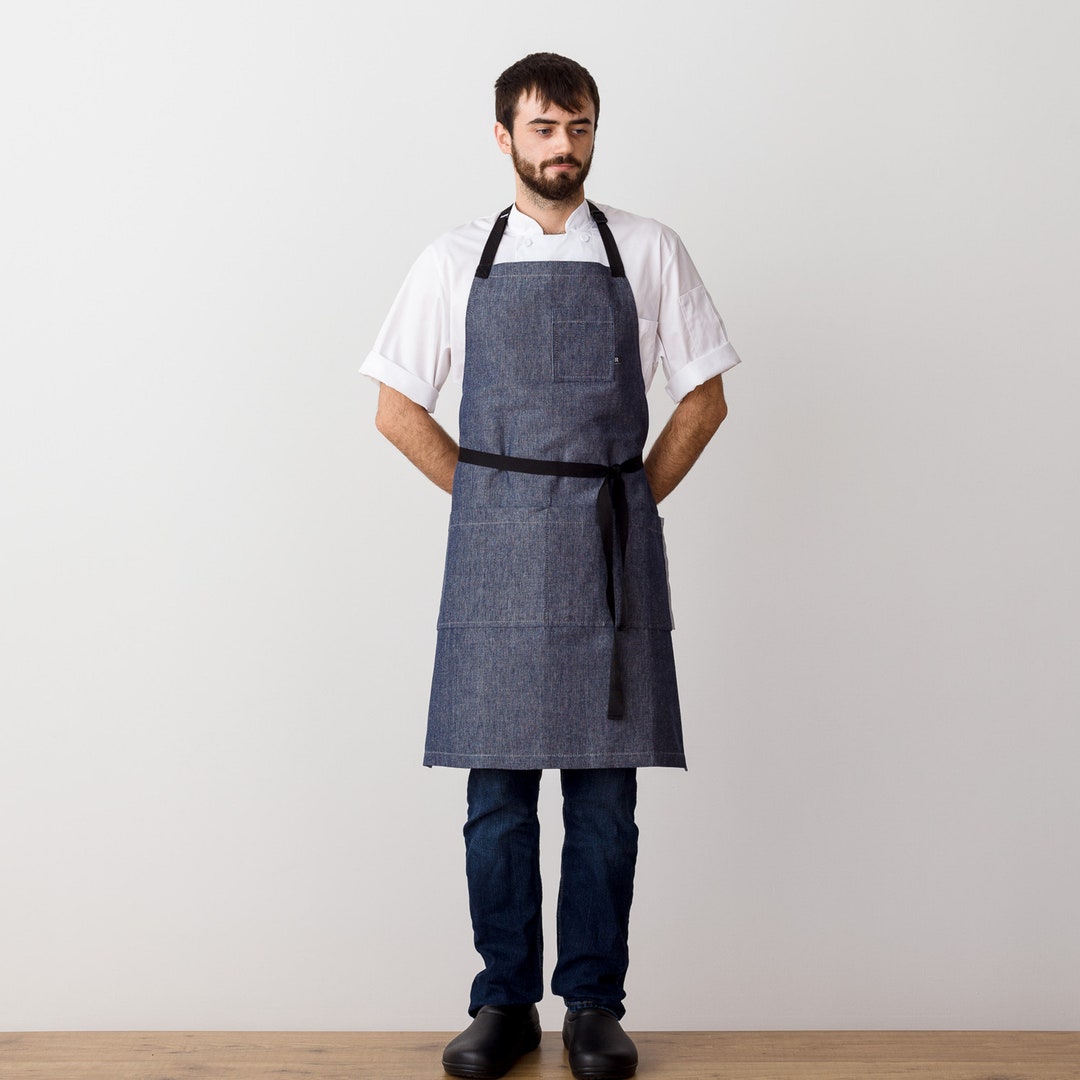 Blue Denim Chef Apron for Men W/ Pockets | Black Straps | Cotton Canvas ...