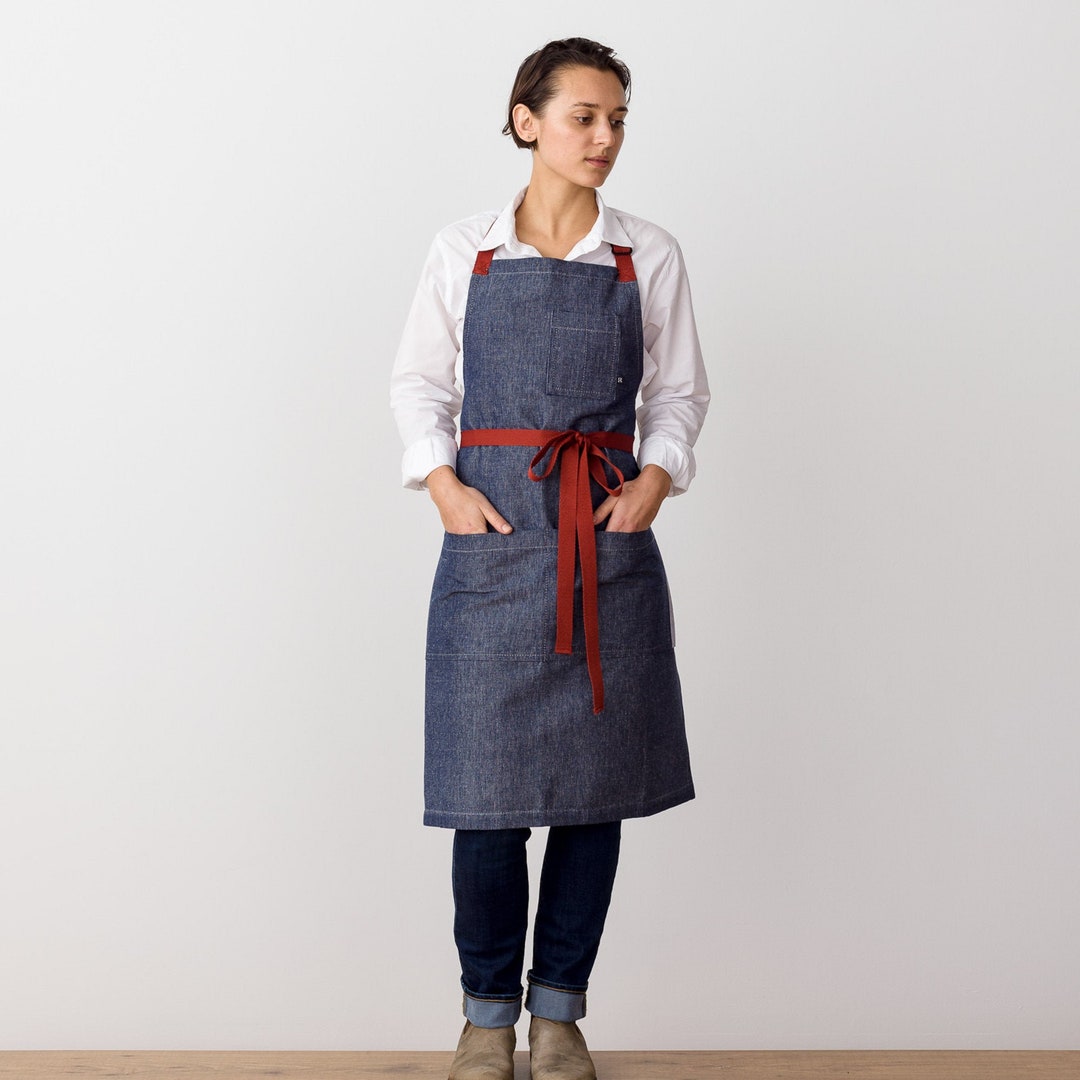 Chef Apron Blue Denim With Red Straps and Pockets | Hand Loomed | 100% ...
