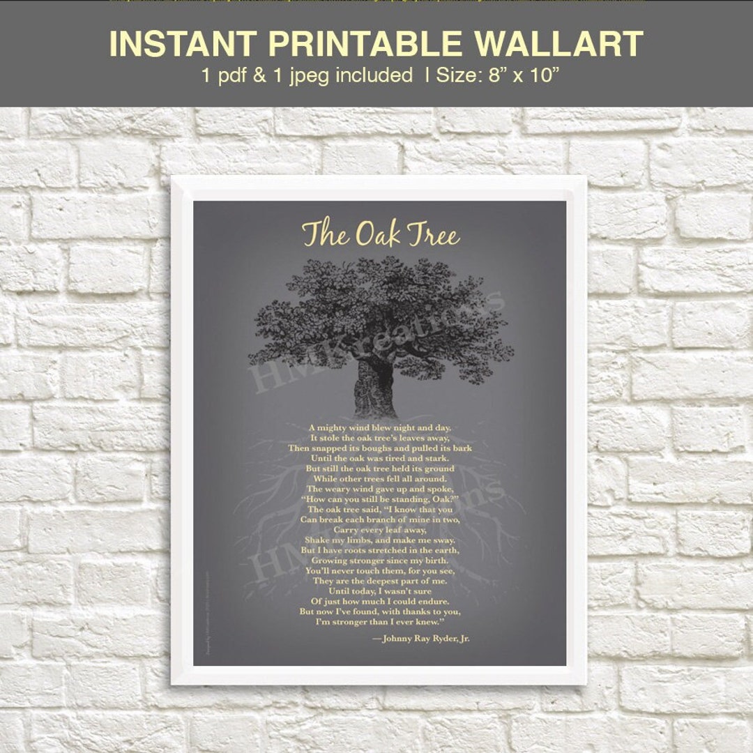 The Oak Tree Poem Printable, Gray Mighty Oak Tree of Life ...