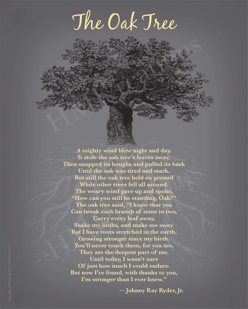 The Oak Tree Poem Printable, Gray Mighty Oak Tree of Life ...