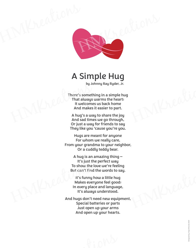 Poetry Wall Art Home Decor Printable, Heart Hug Poem, A Simple Hug Poem ...