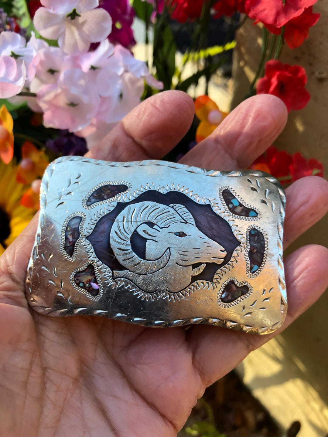 Classic Vintage Engraved Inlay Big Horn Mountain Sheep Belt Buckle - Etsy