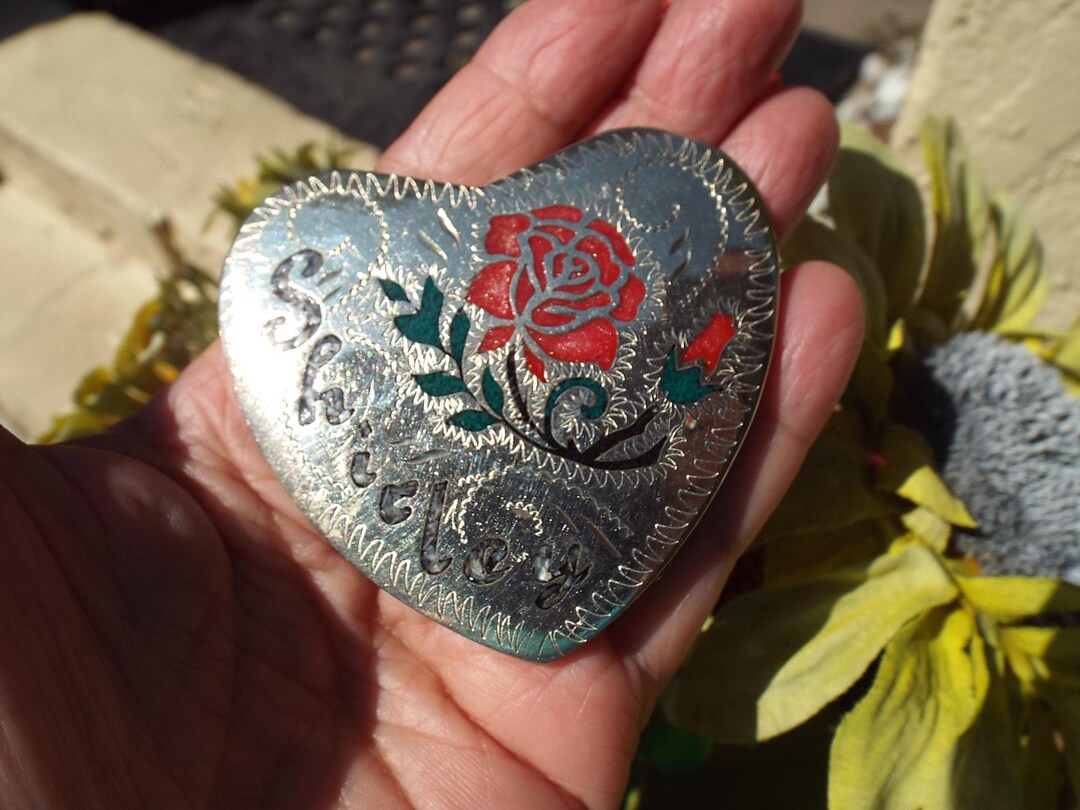 Classic Vintage Hand Engraved Rose Flowered Enamel and Abalone Inlay ...