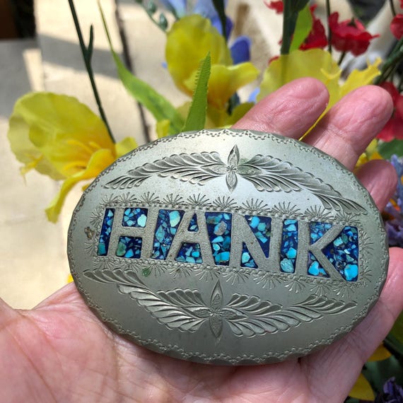 Classic Vintage Turquoise Inlay Name HANK Belt Buckle - Gem