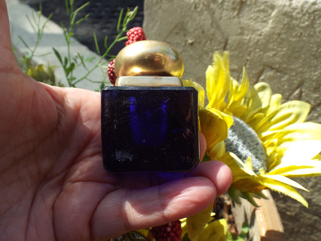 Antique Glass Ink Well Cobolt Blue With Hinged Brass Lid - Etsy