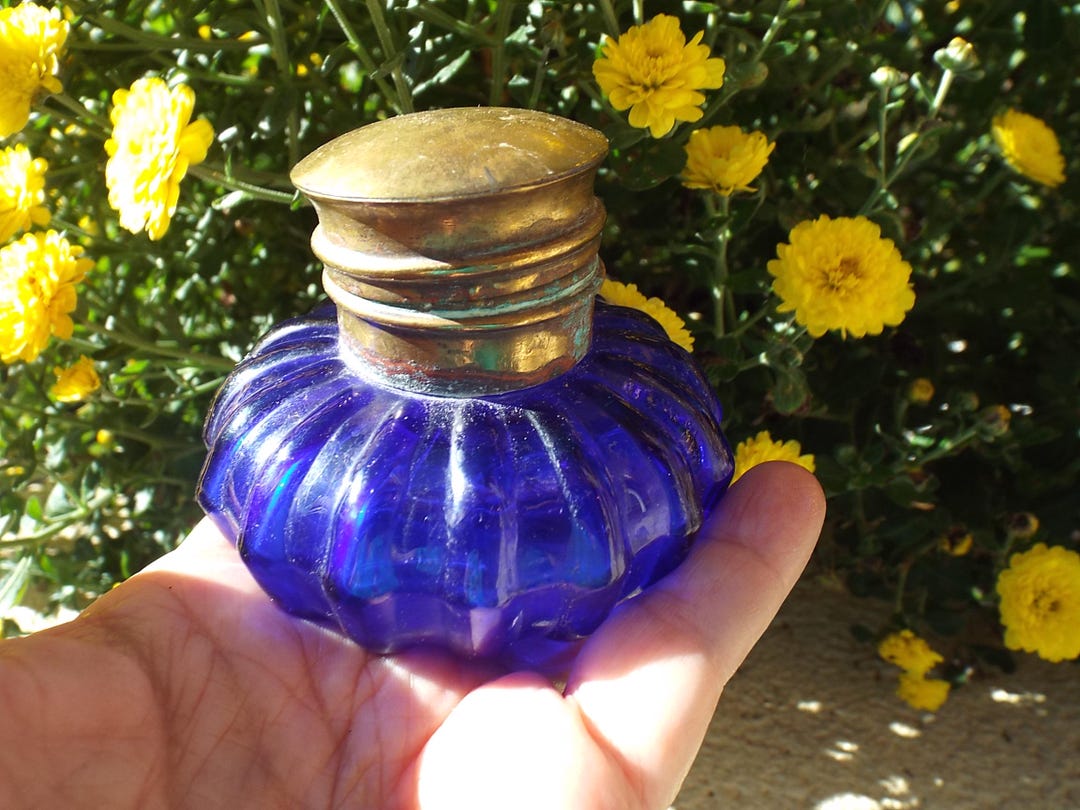 Antique Glass Ink Well Cobolt Blue With Hinged Brass Lid - Etsy