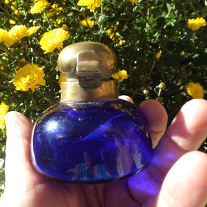 Antique Glass Ink Well Cobolt Blue With Hinged Brass Lid - Etsy