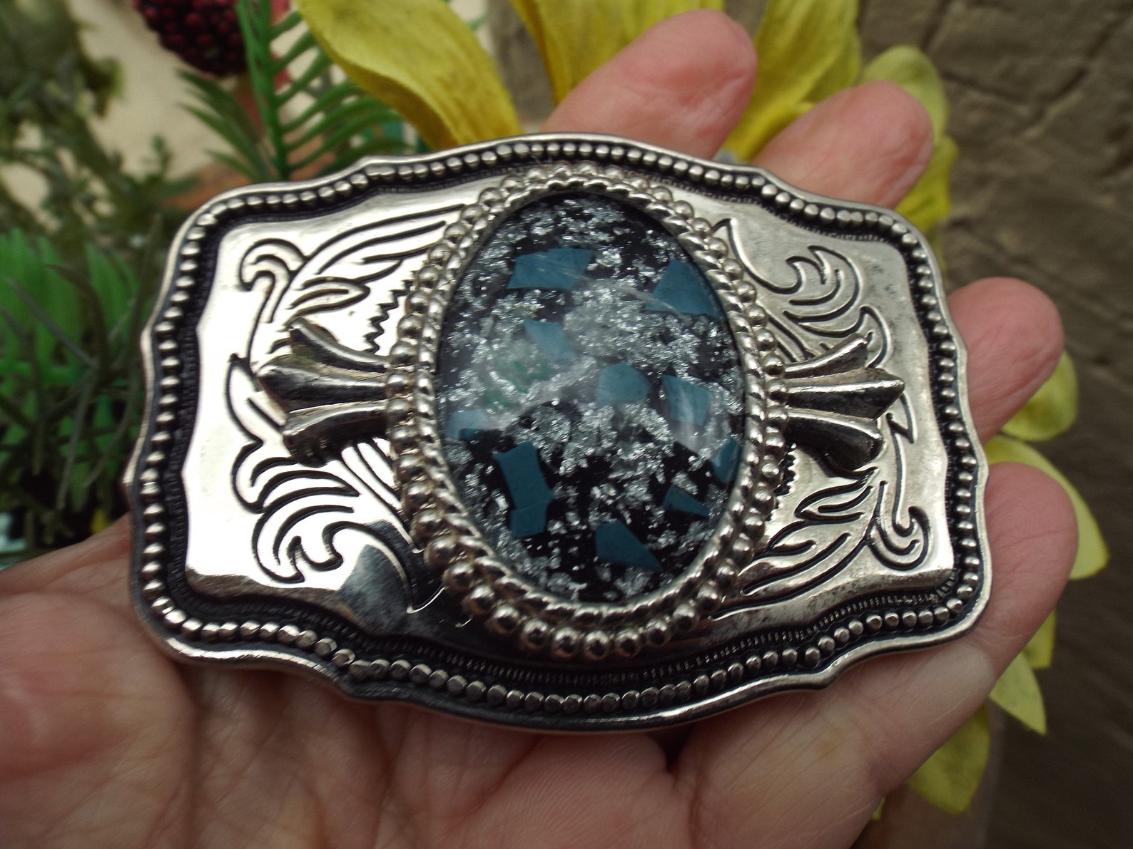 Gorgeous Unique Western Belt Buckle Mounted With Metal Flake Plastic ...