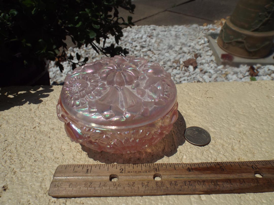 Classic Vintage Fenton Art Glass Pink Iridescent Flowered Powder Jar ...