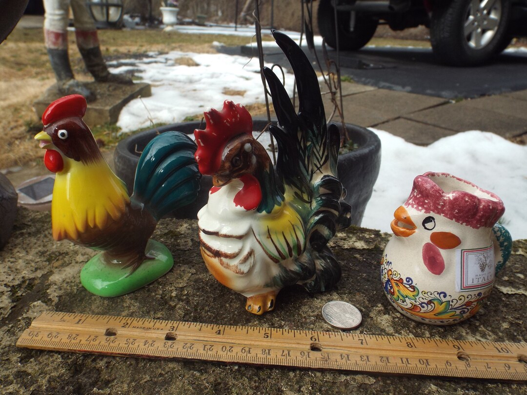 3 Different Roosters Chickens Pitchers-italy Japan Great Decor 2 Sm ...