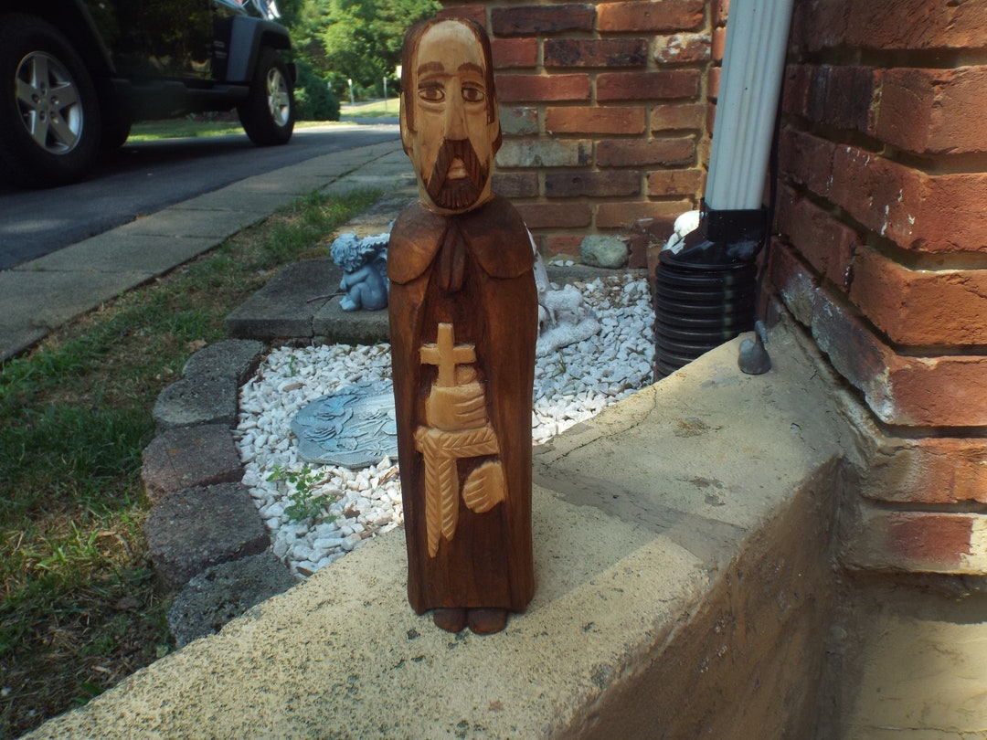 Religious Wood Carved Holy Man Holding Cross 12" Tall- Signed Made in ...