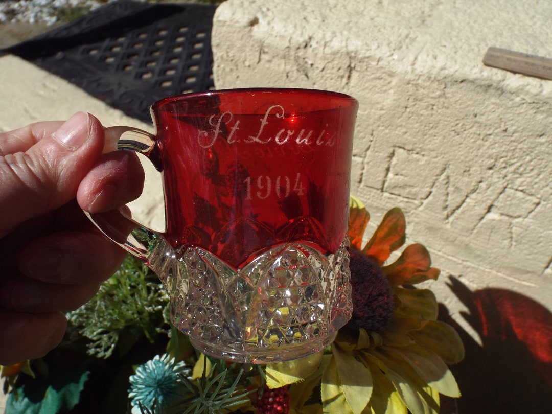 Antique EAPG Souvenir Ruby Flash Glass Handled Mug- St Louis 1904 Davie ...
