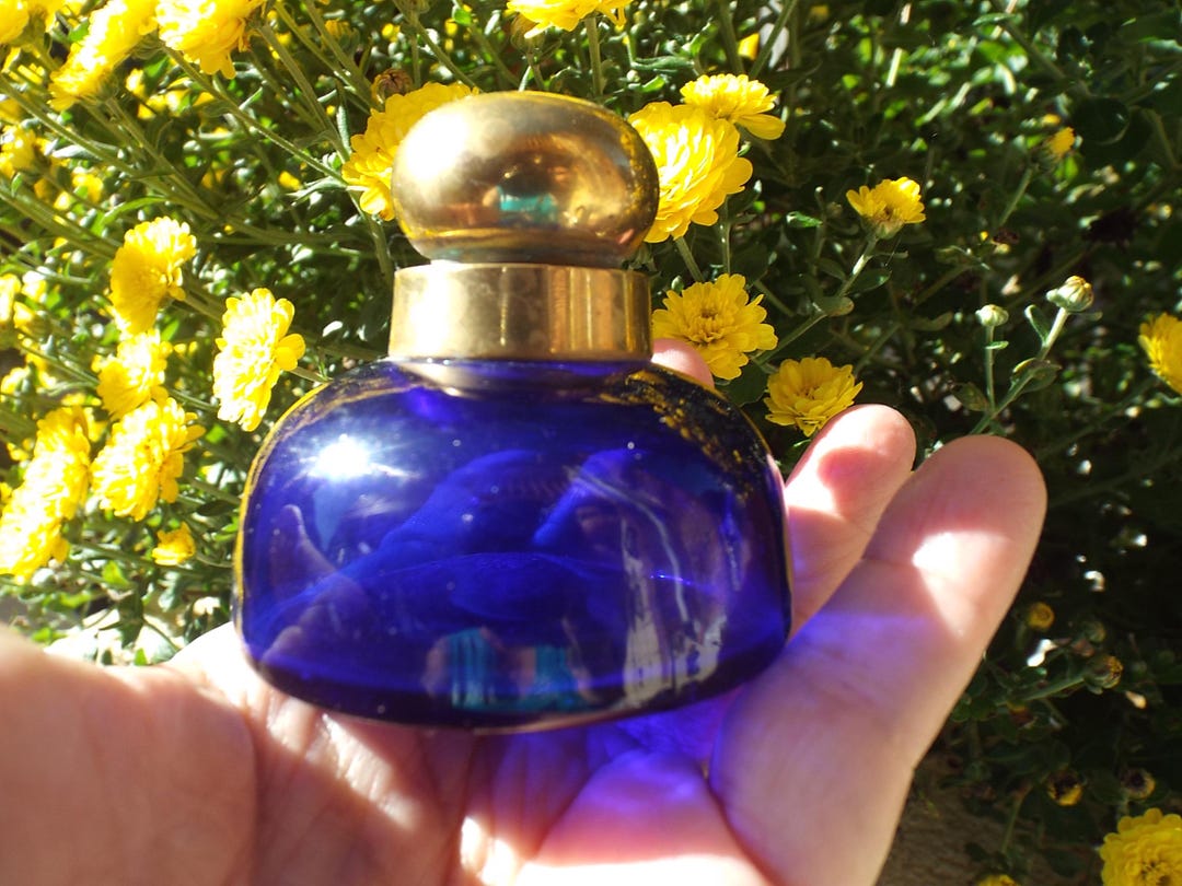 Antique Glass Ink Well Cobolt Blue With Hinged Brass Lid - Etsy