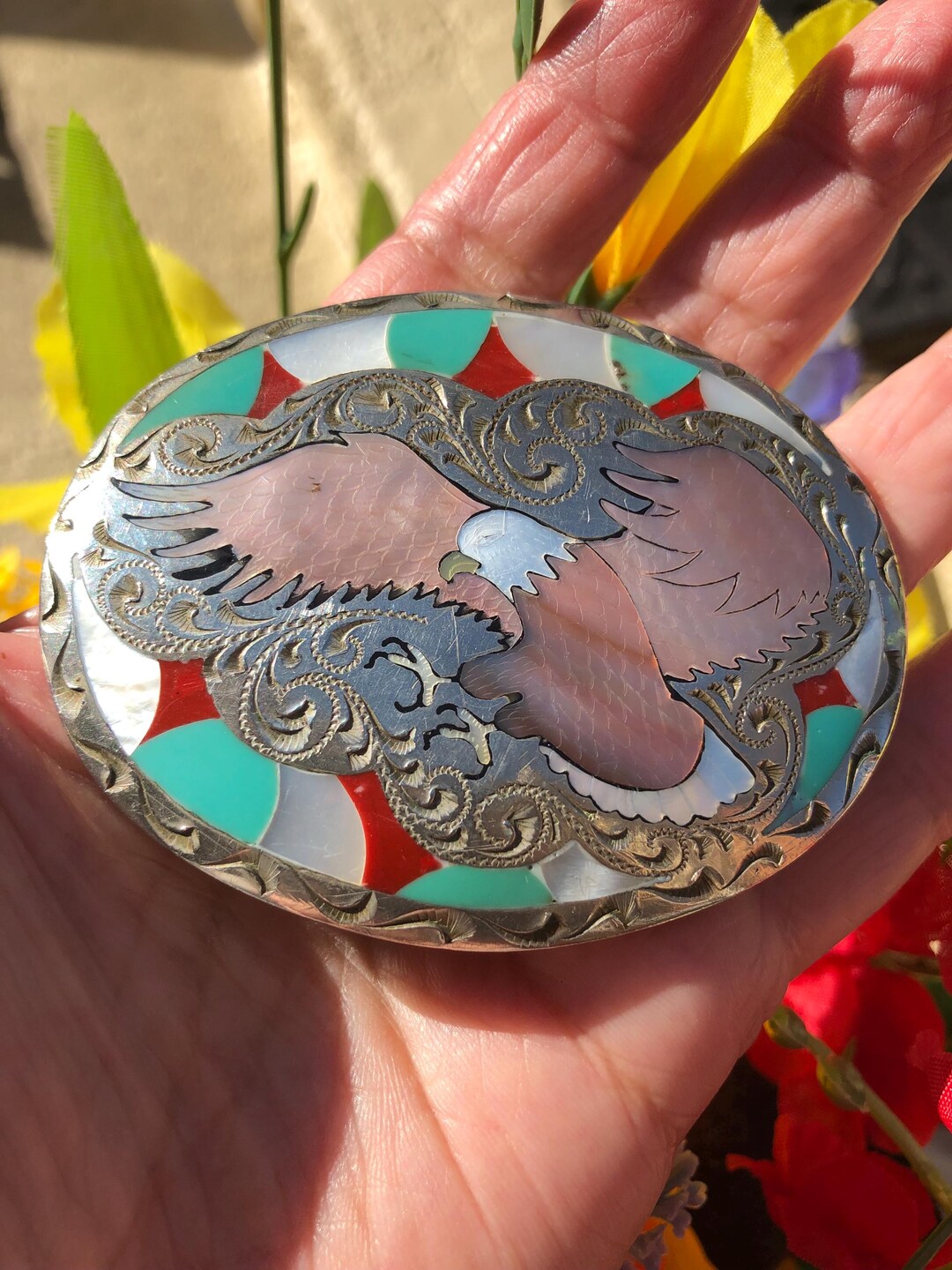 Classic Vintage Hand Made Engraved Turquoise ,coral, Mother of Pearl ...