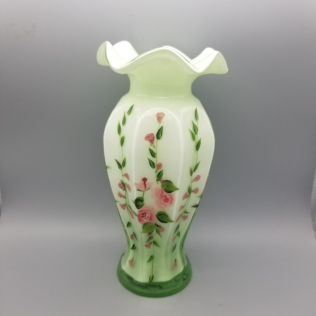 Vintage Cased Milk Green Glass Hand Painted Vase - Etsy
