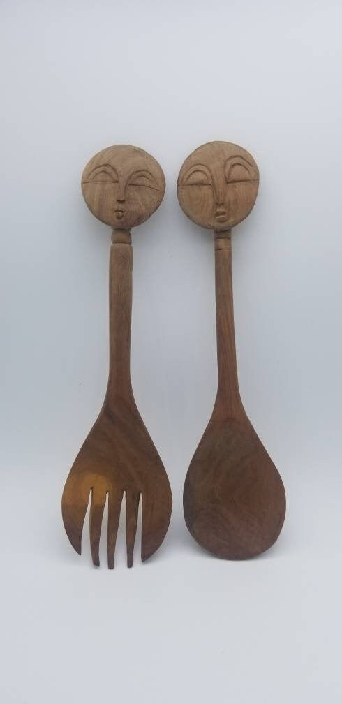 Moon Face Wooden Spoon & Fork Dining & Serving Serving Utensils Kitchen ...
