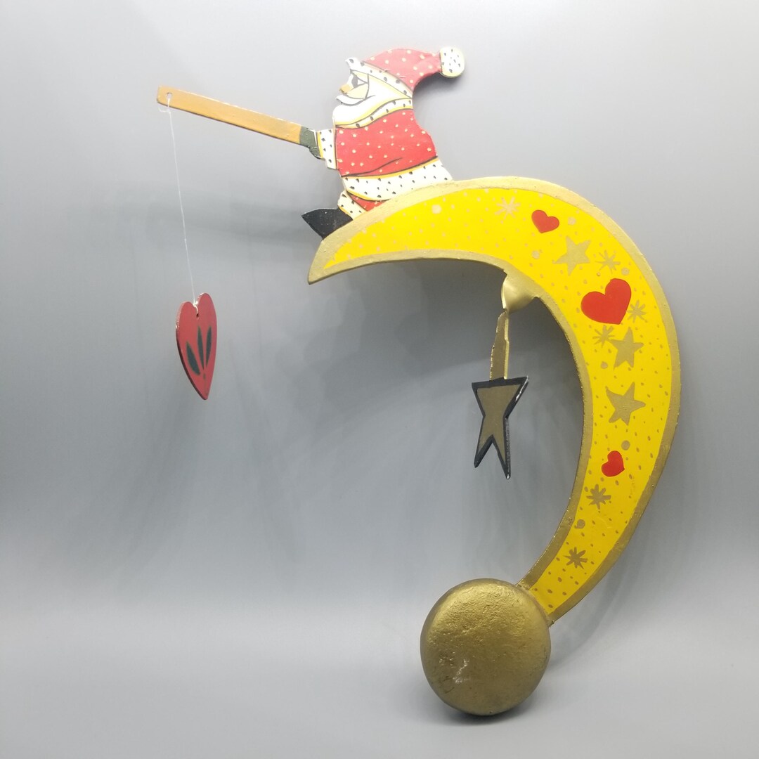 Vintage Metal Balancing Toy Santa Sitting on Crescent Moon Fishing A ...
