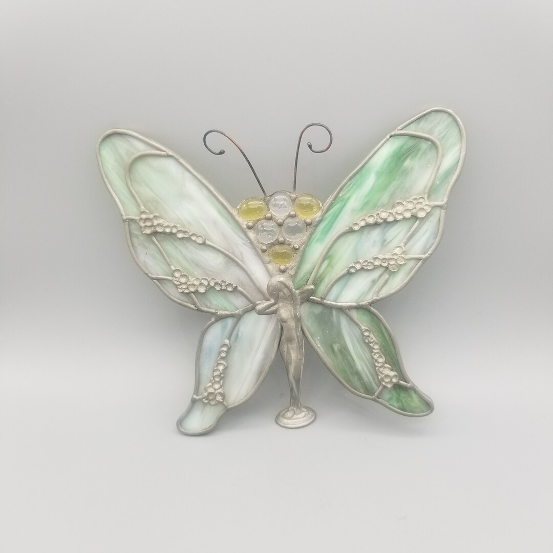 Vintage Pewter Stained Slag Glass Butterfly Lady Cast Body Art Nouveau ...