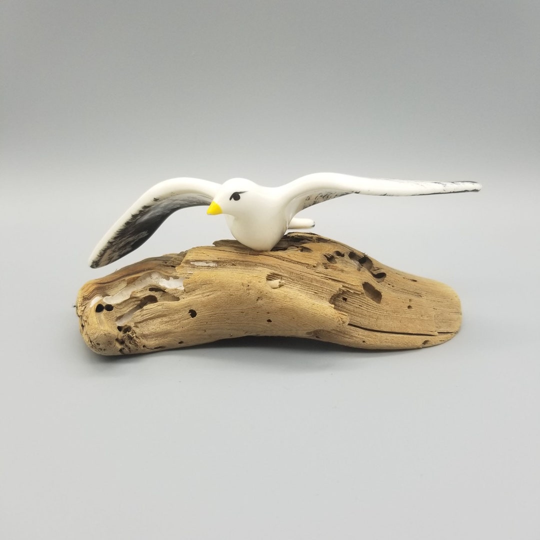 Ceramic Seagull Bird Perched on Driftwood Sculpture Folk Art - Etsy