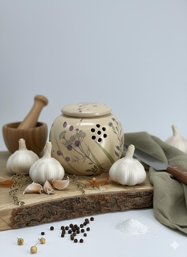 Handmade Garlic Jar, Rustic Kitchen Storage, Ceramic Garlic Holder for ...