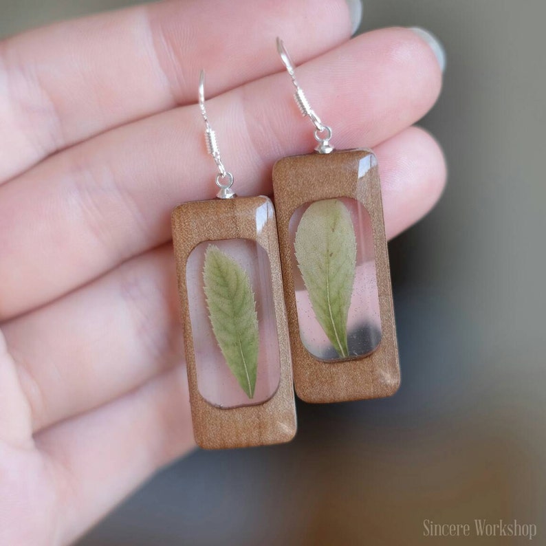 Wooden Rustic Leaves Earrings Eco Jewelry Pressed Flowers Etsy