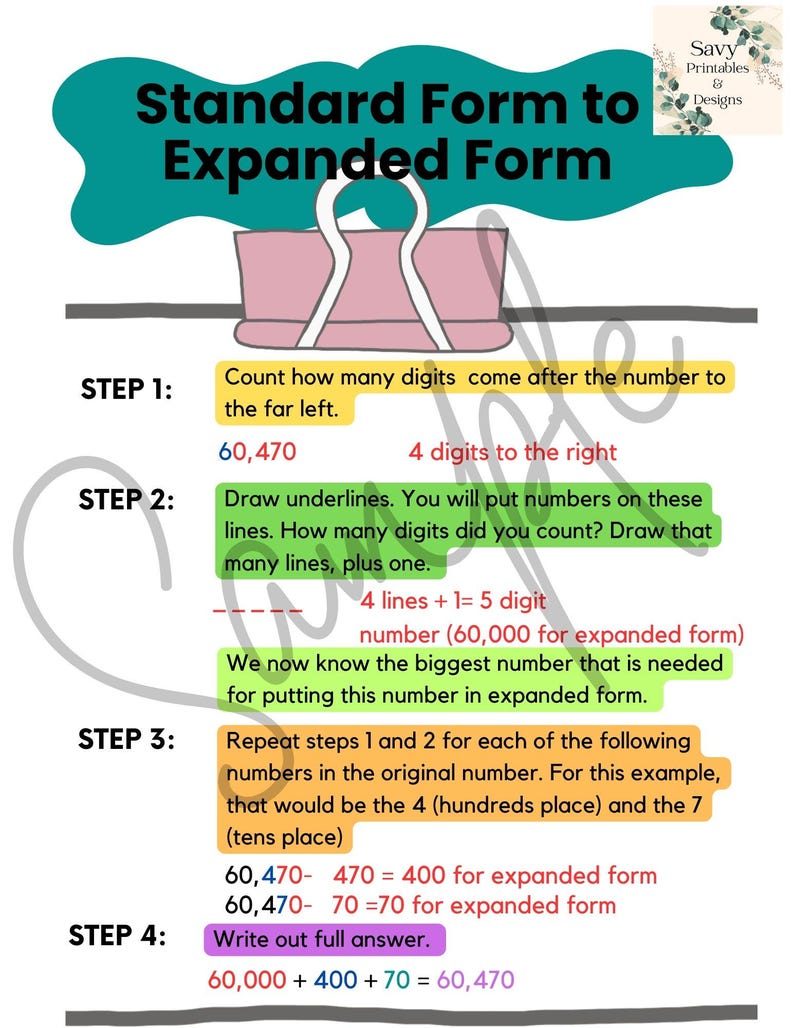 Standard Form to Expanded Form- Math Guide, Reference Sheet, Poster and ...