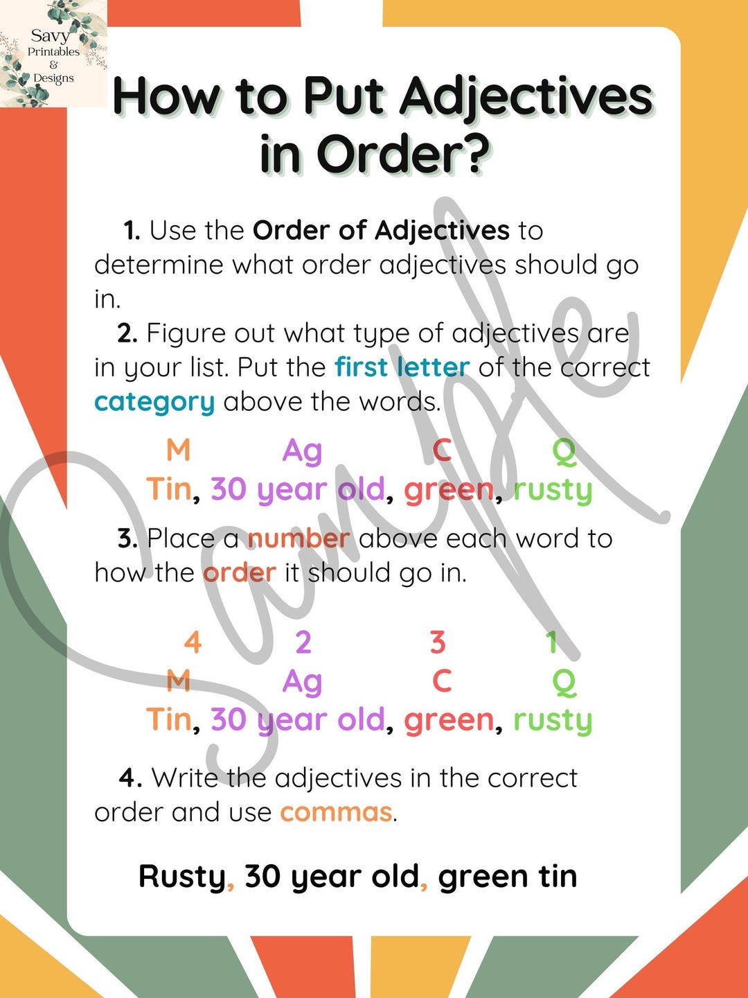 Order of Adjectives, Sensory Adjectives, Types of Adjectives; Poster ...
