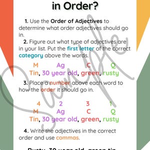 Order of Adjectives, Sensory Adjectives, Types of Adjectives; Poster ...