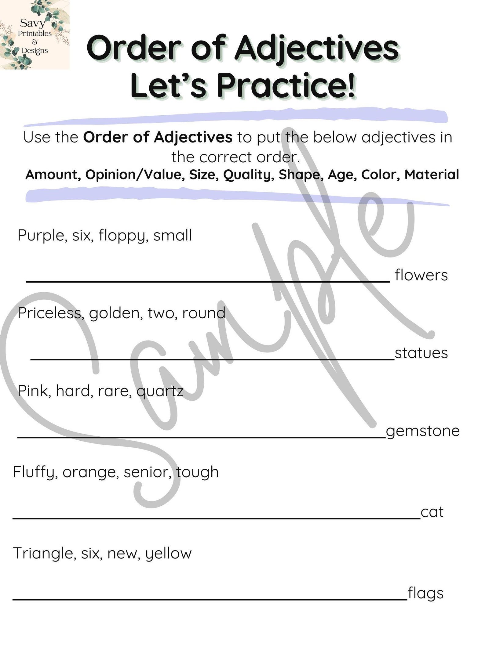 Order of Adjectives, Sensory Adjectives, Types of Adjectives Poster ...