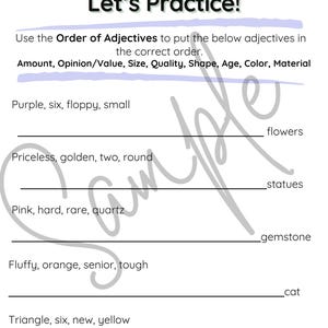 Order of Adjectives, Sensory Adjectives, Types of Adjectives; Poster ...