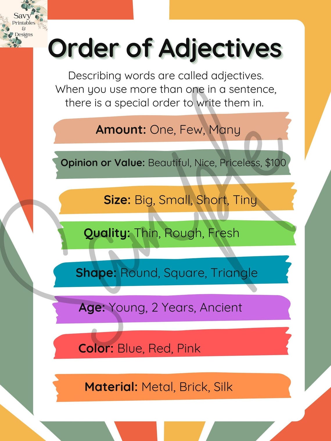 Order of Adjectives, Sensory Adjectives, Types of Adjectives Poster ...