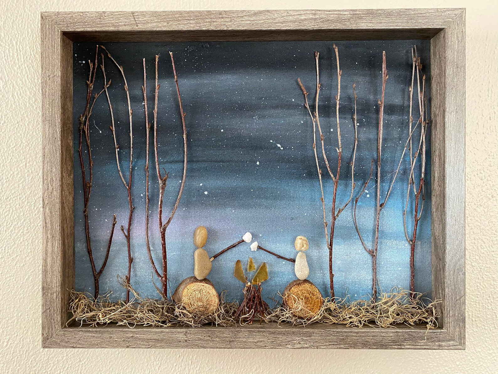 11x14 Pebble Art Campfire Scene in Shadow Box Modern Wall Art | Etsy