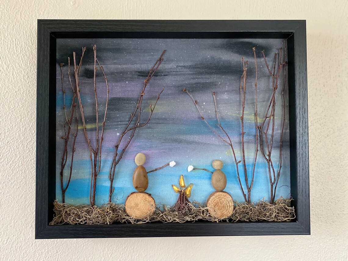 11x14 Pebble Art Campfire Scene in Shadow Box Modern Wall Art - Etsy