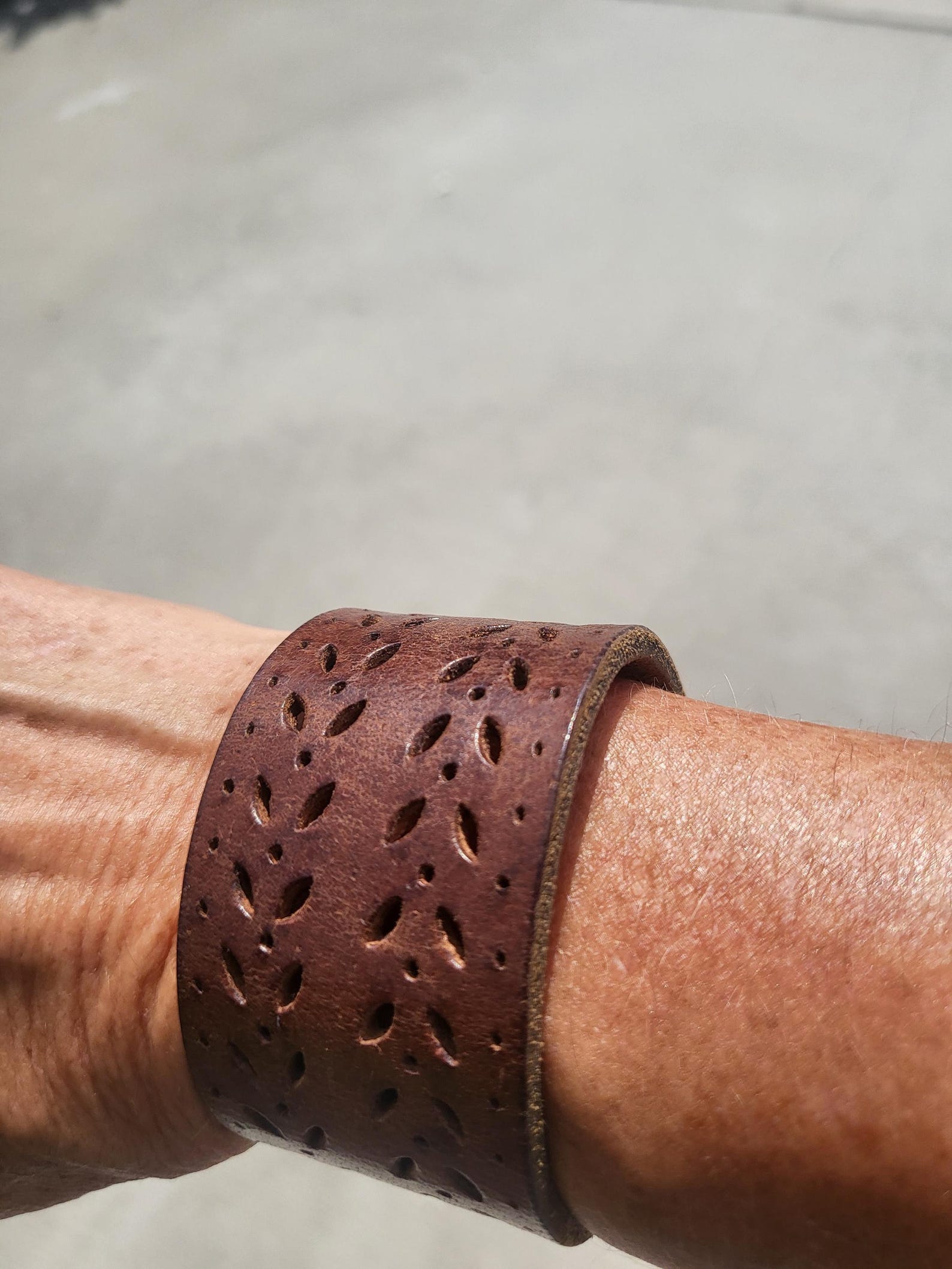 7 Recycled Leather Belt Cuff Bracelets With Unique Button Closures leaf ...