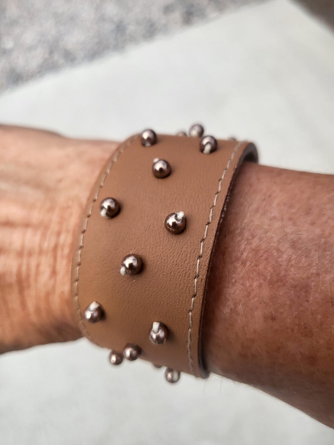 7 Recycled Leather Belt Cuff Bracelets With Unique Button Closures leaf ...