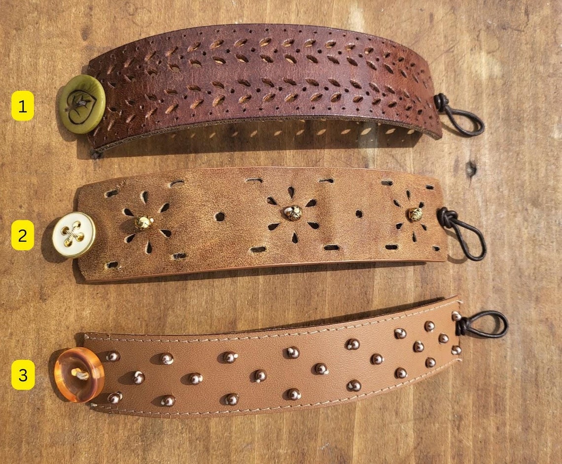 7 Recycled Leather Belt Cuff Bracelets With Unique Button Closures leaf ...