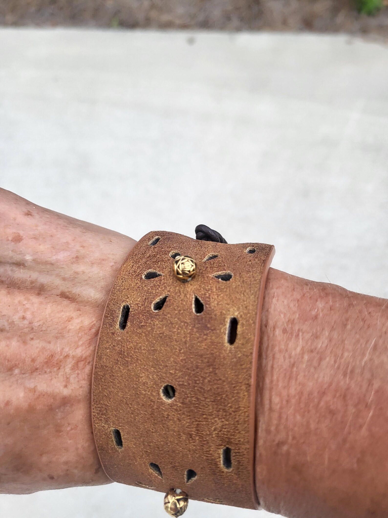 7 Recycled Leather Belt Cuff Bracelets With Unique Button Closures leaf ...